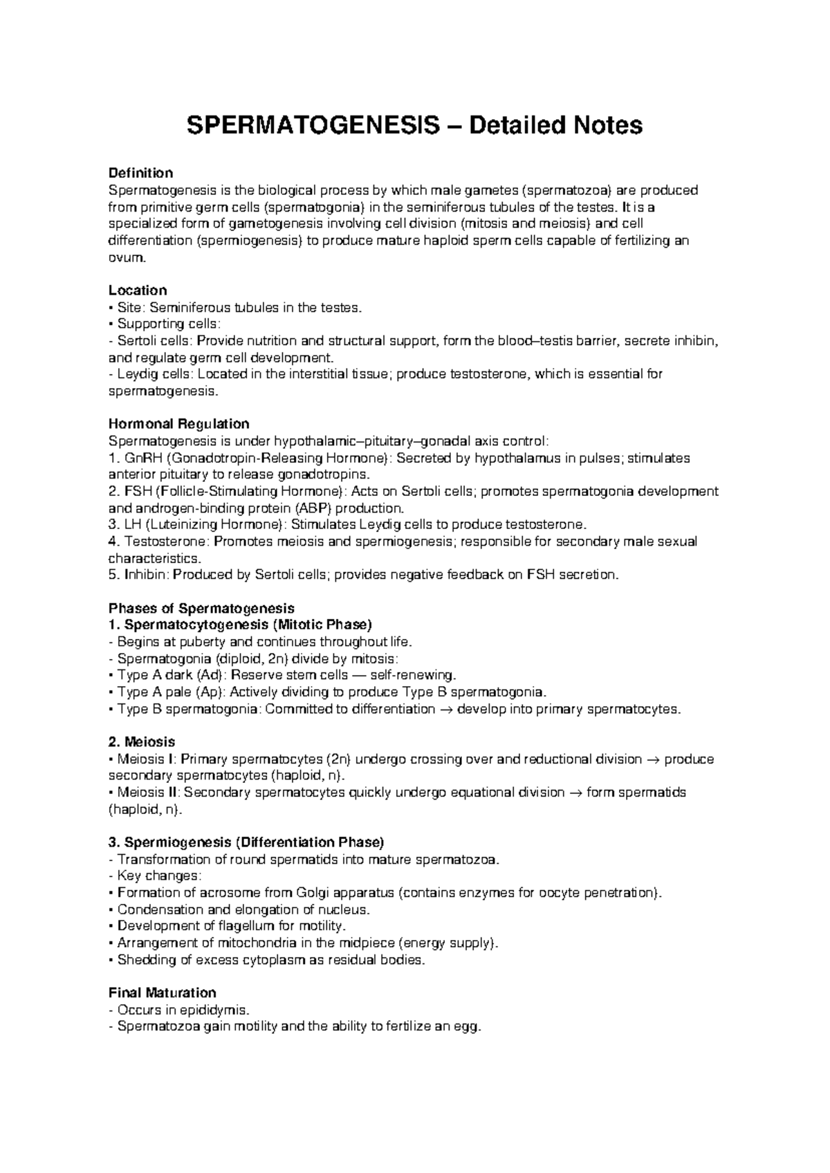 BIOL 101: Spermatogenesis Detailed Notes and Key Processes - Studocu