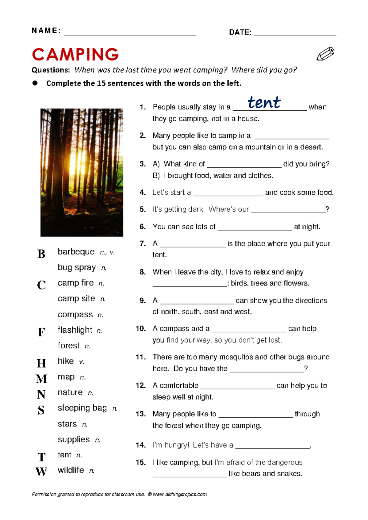 Wordbank for Camping: 15 Essential Questions and Vocabulary - Studocu