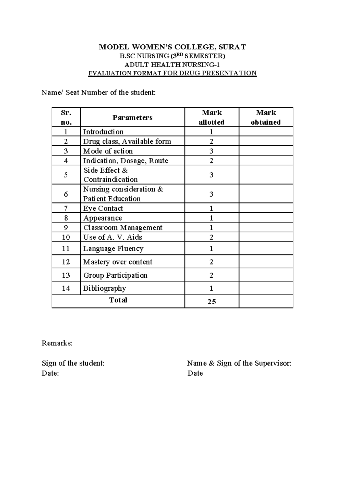 Clinical Evaluation Format for B.Sc Nursing (3rd Sem) - Adult Health ...