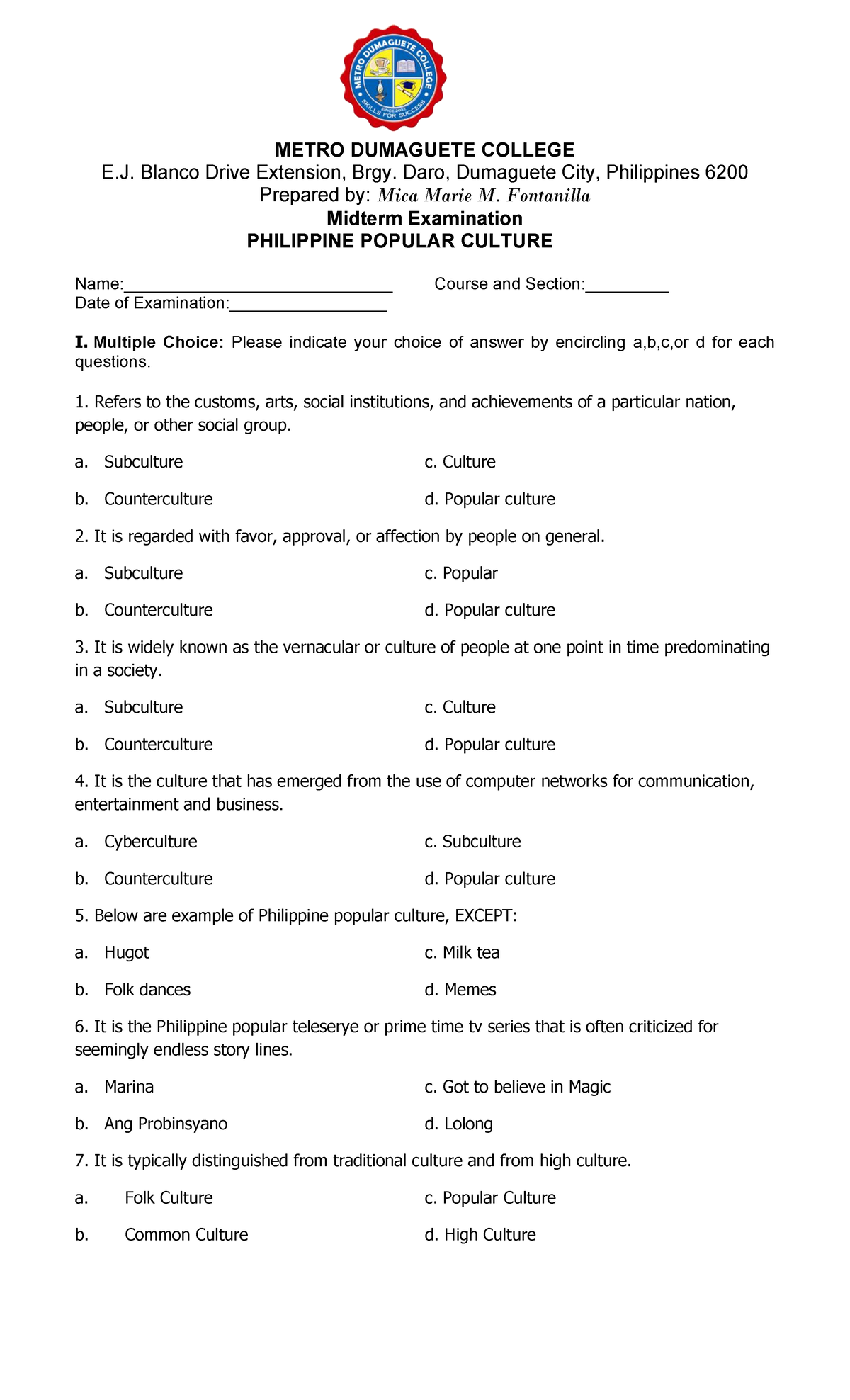Midterm Exam Review: PHIL-POP Culture Insights and Questions - Studocu