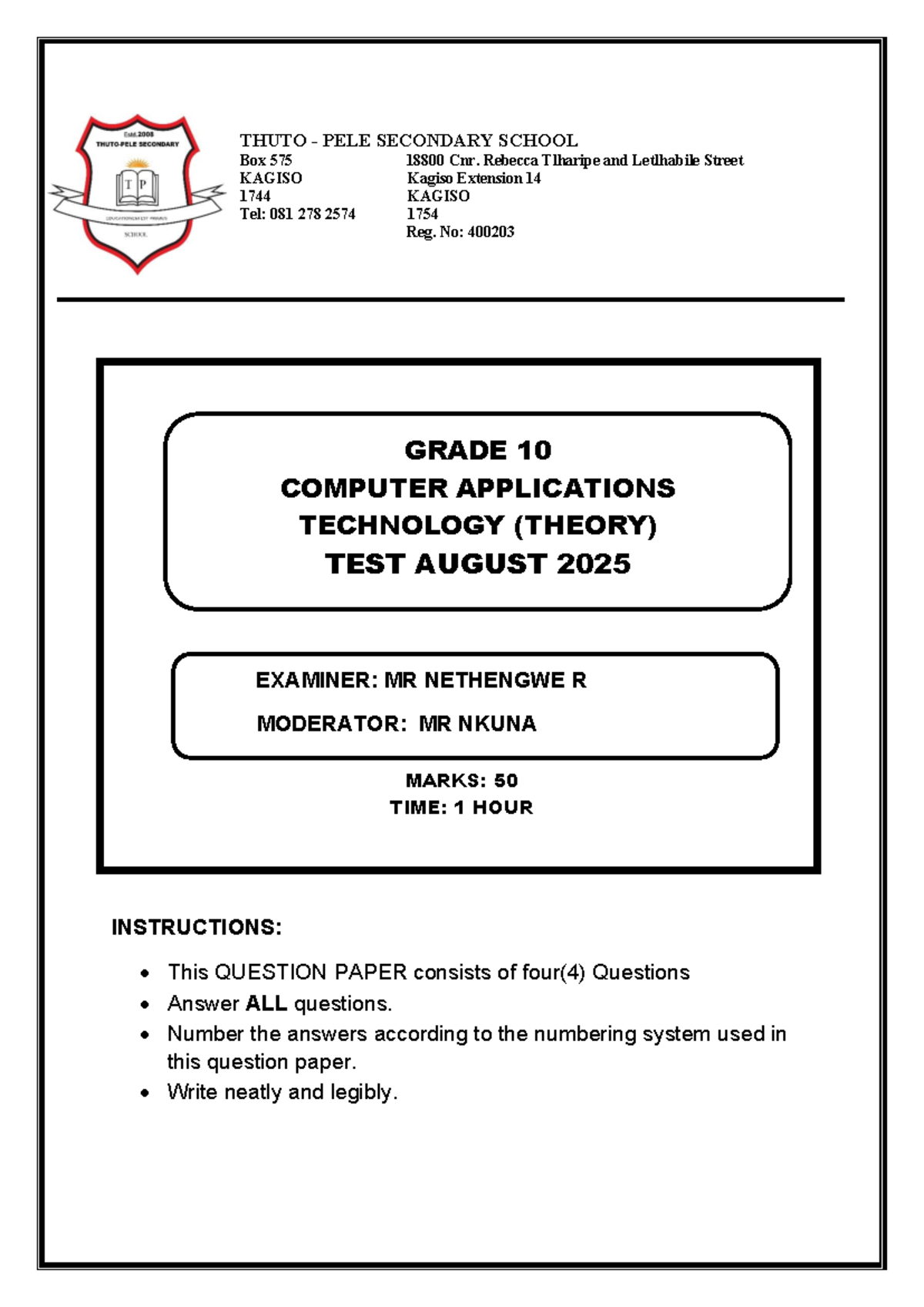 GRADE 10 COMPUTER APPLICATIONS TECHNOLOGY TEST AUGUST 2025 - Studocu