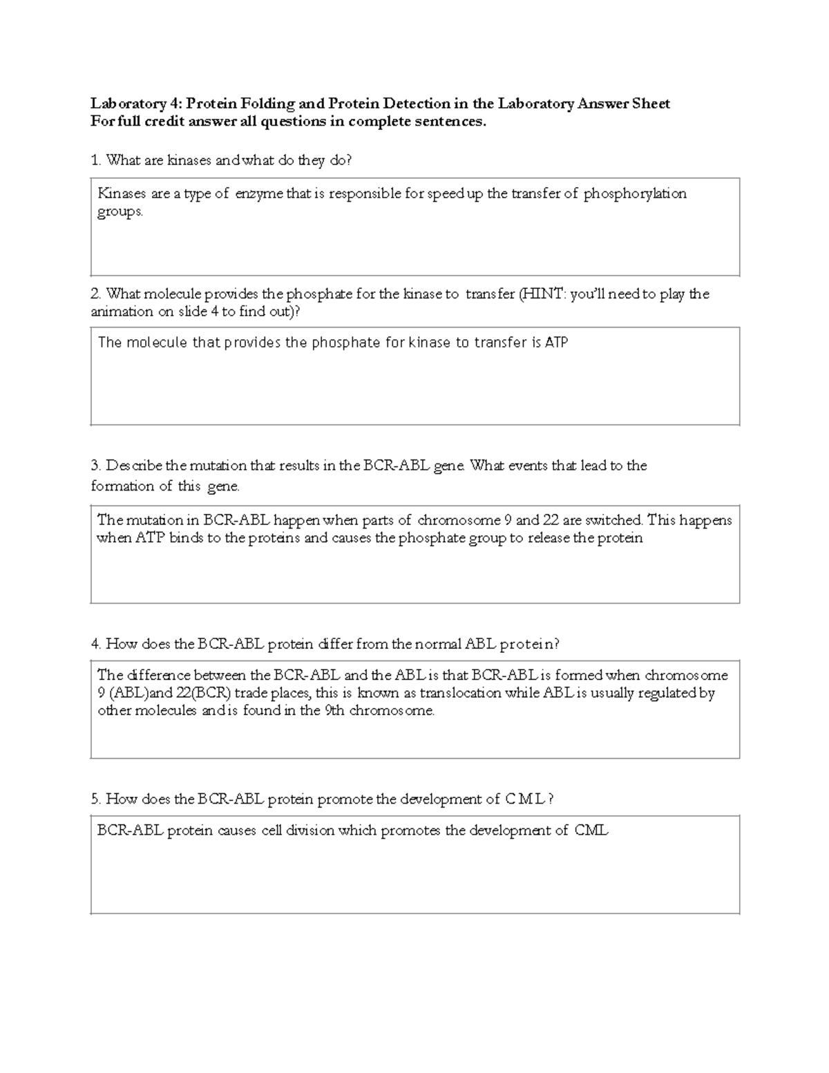 Lab 4 Answer Sheet Protein Folding and Protein Detection in the Laboratory - Laboratory 4 ...