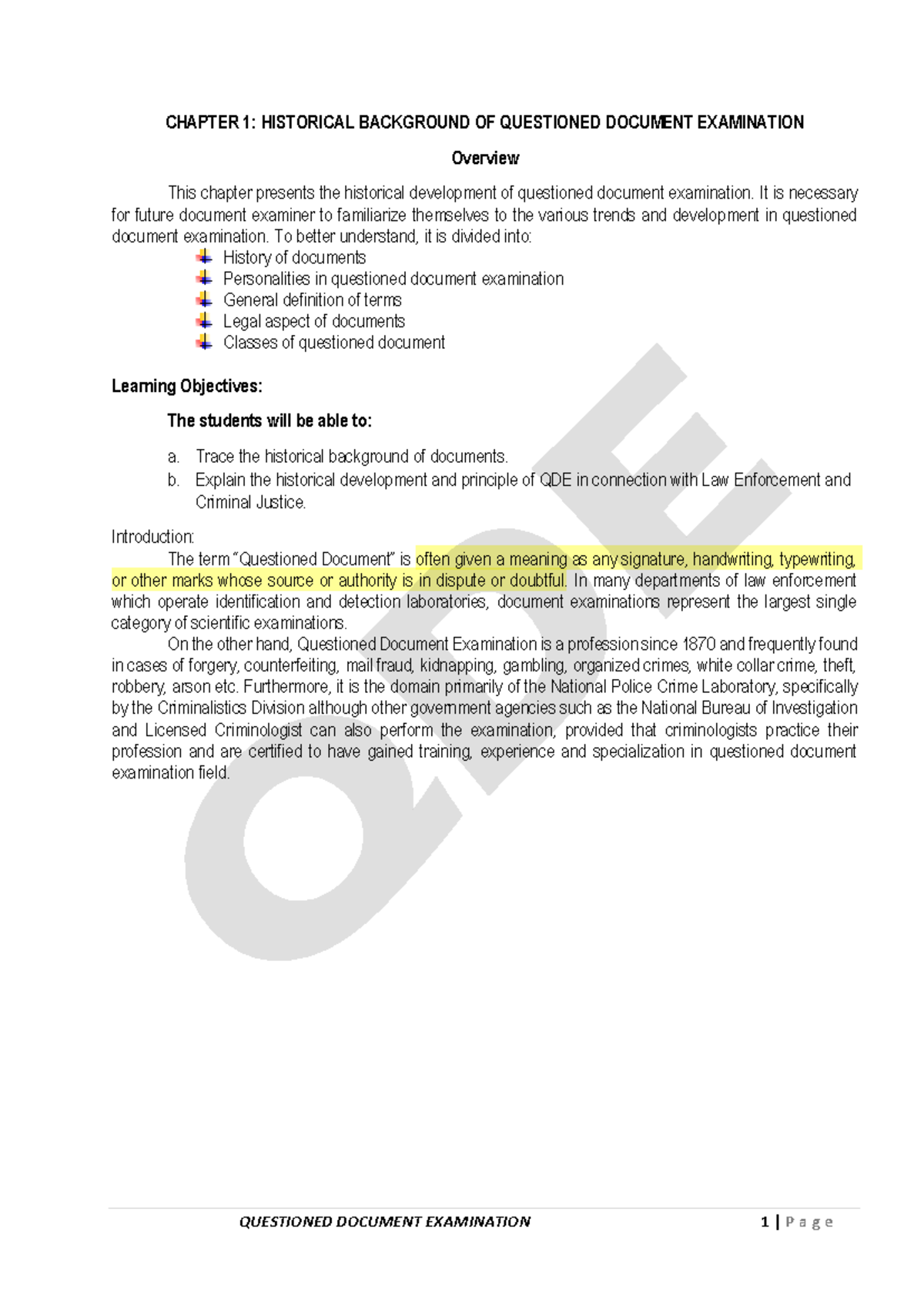 QDE- Module 1 - Historical Background of Questioned Document Examination - Studocu