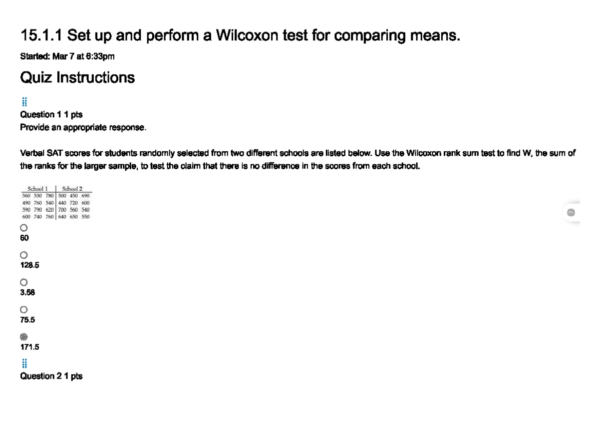 Wilcoxon Test Analysis for SAT and Cholesterol Data - Quiz 15.2.3 - Studocu