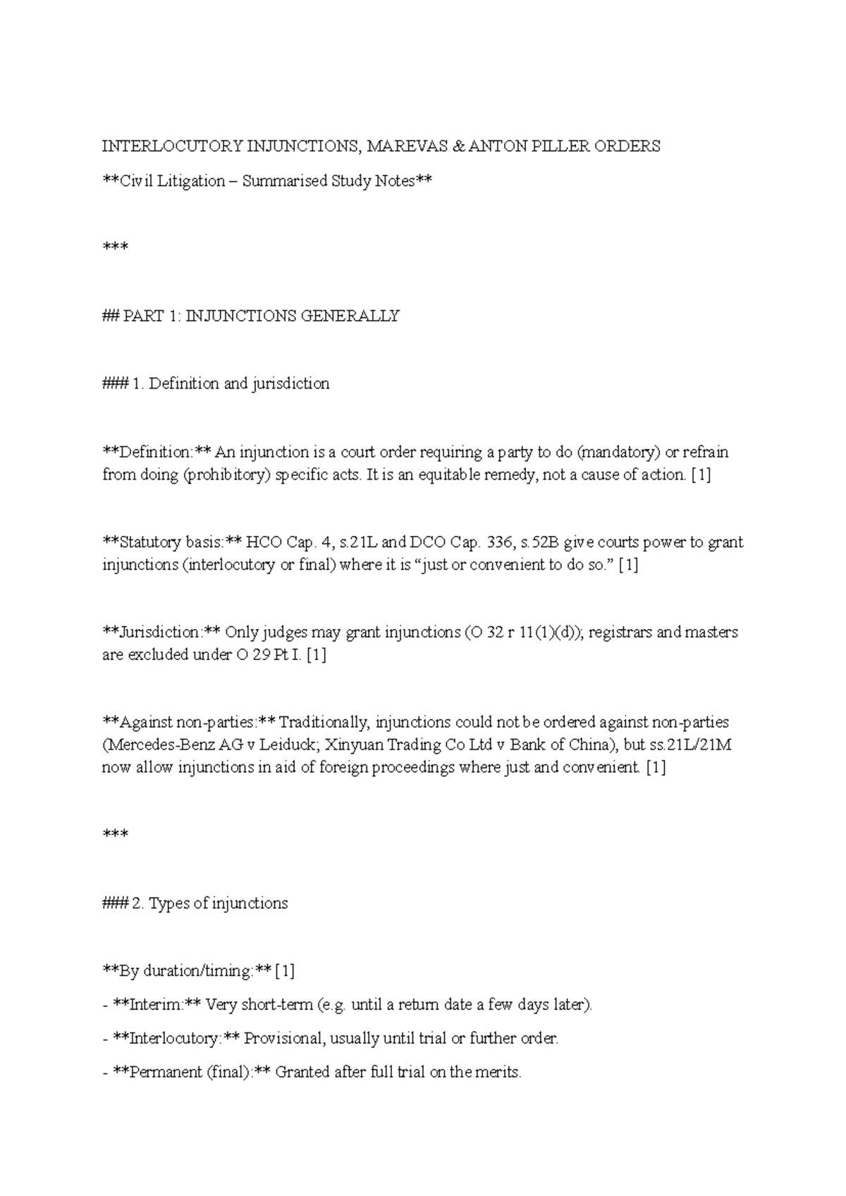 Summary of Injunctions: Interlocutory, Mareva & Anton Piller Orders ...