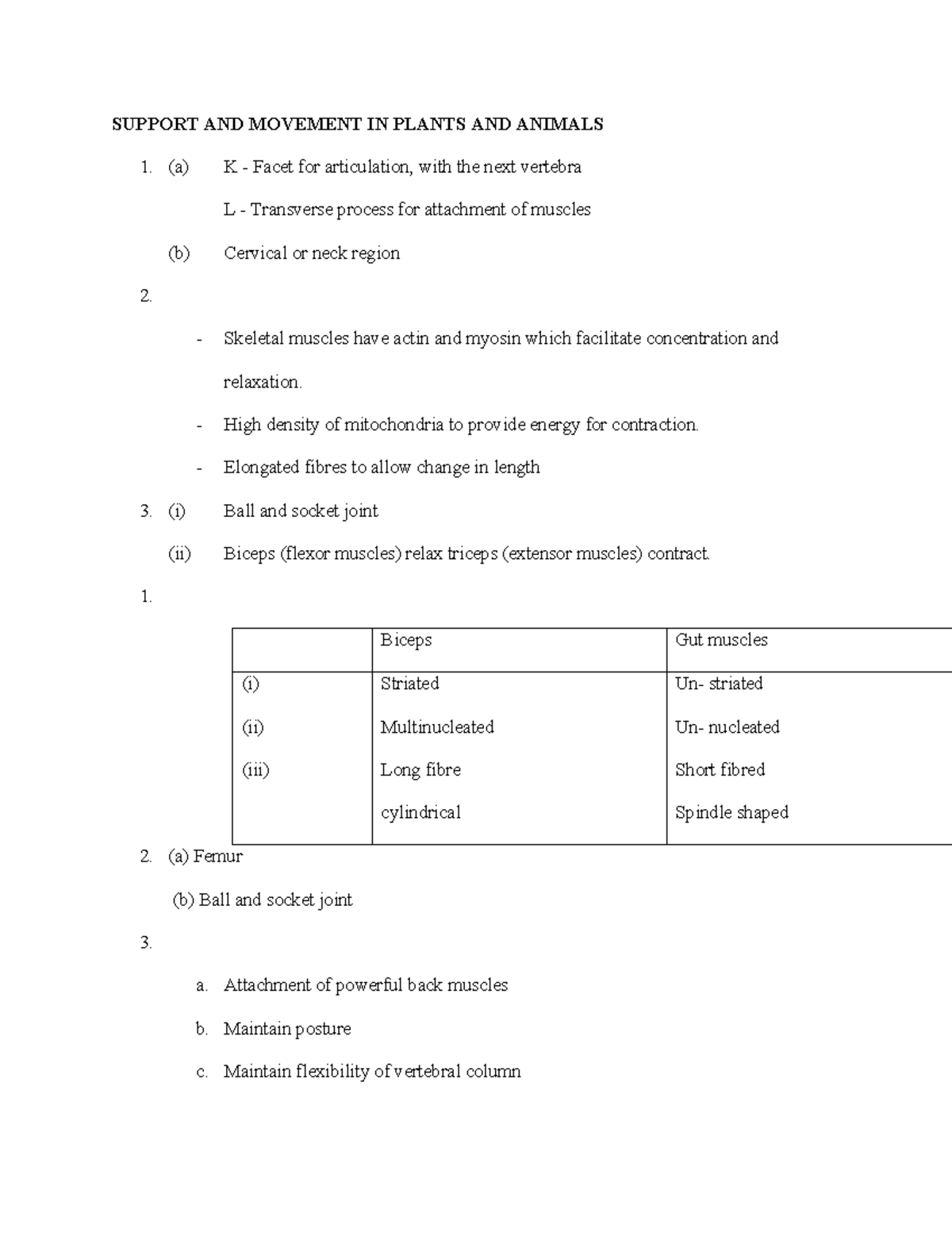 Support and movement in plants and animals: Form 4 biology notes - Studocu