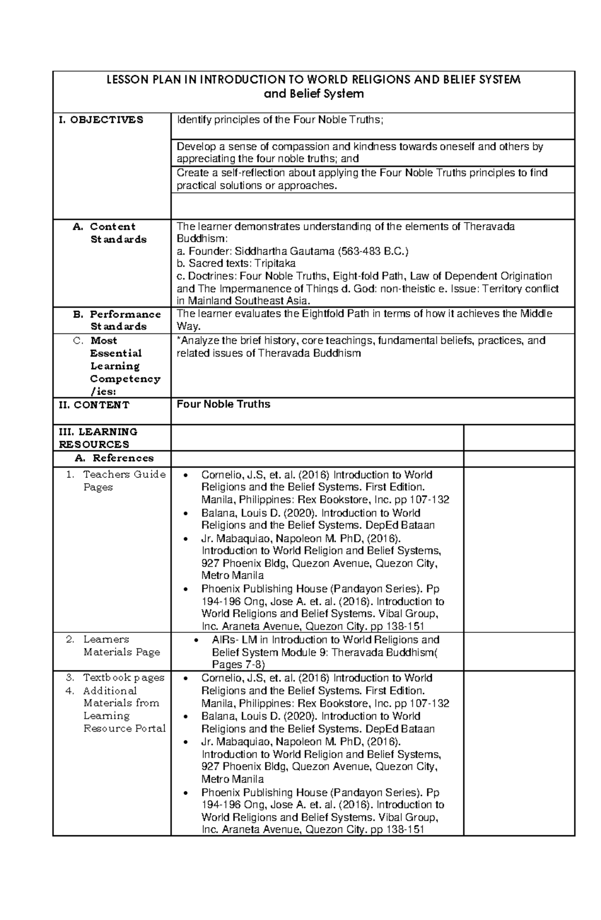 Lesson PLAN Sample 7Es - LESSON PLAN IN INTRODUCTION TO WORLD RELIGIONS ...