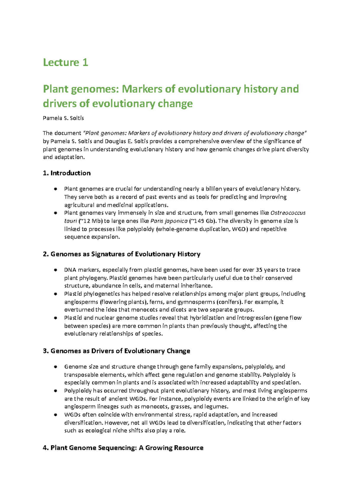 Lecture 1: Plant Genomes and Evolutionary Change - Insights and ...