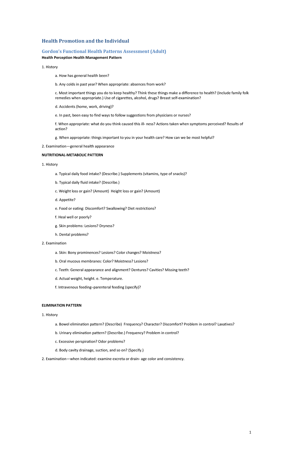 Gordon's Functional Health Patterns Assessment - Adult Health ...