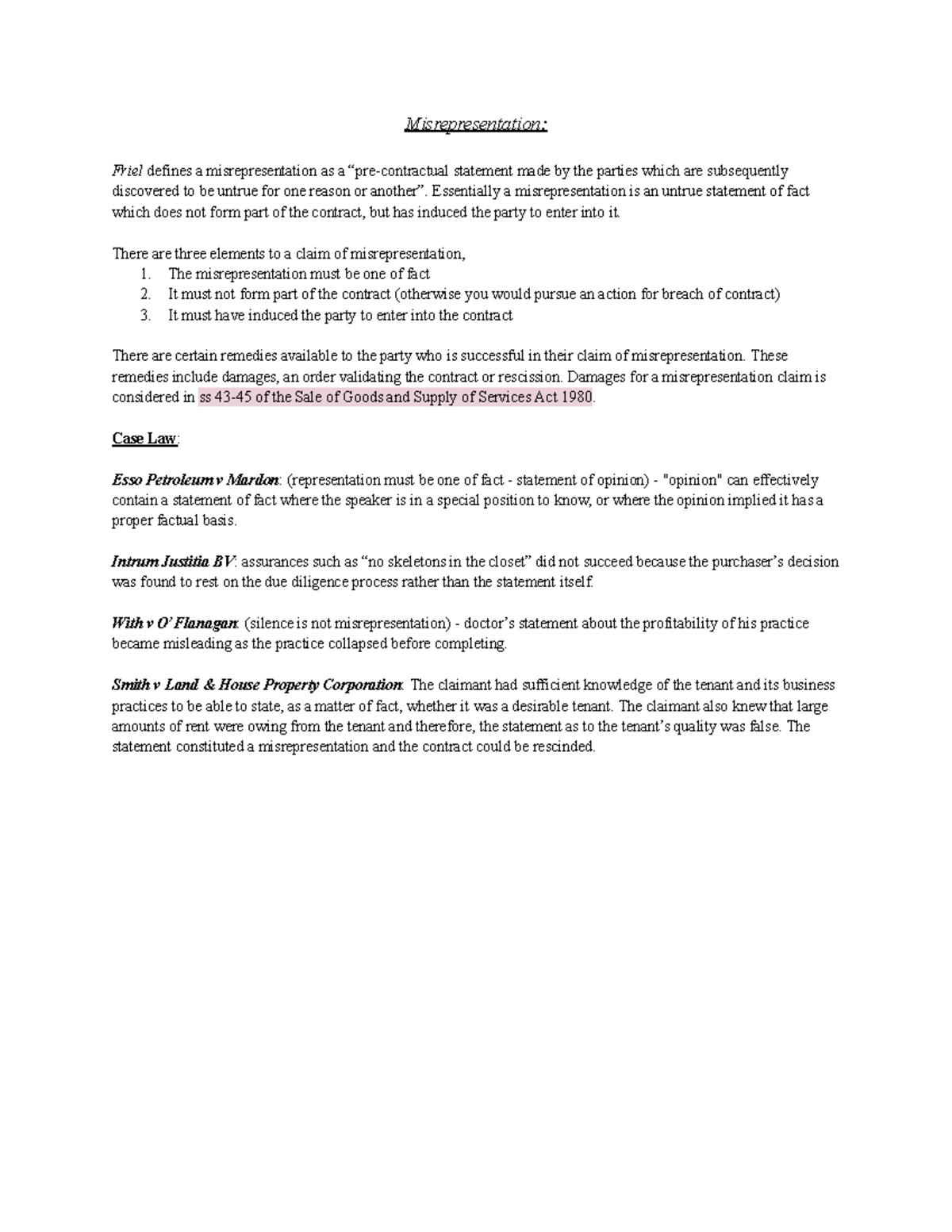 FE1 Contract Law - Misrepresentation Summary and Case Law Analysis ...