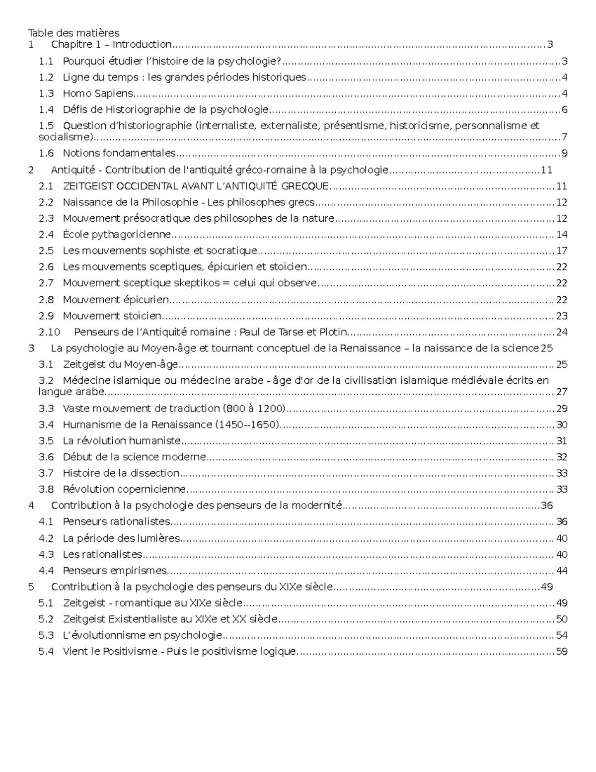 Notes de cours - Histoire de la psychologie - Table des matières 1 ...