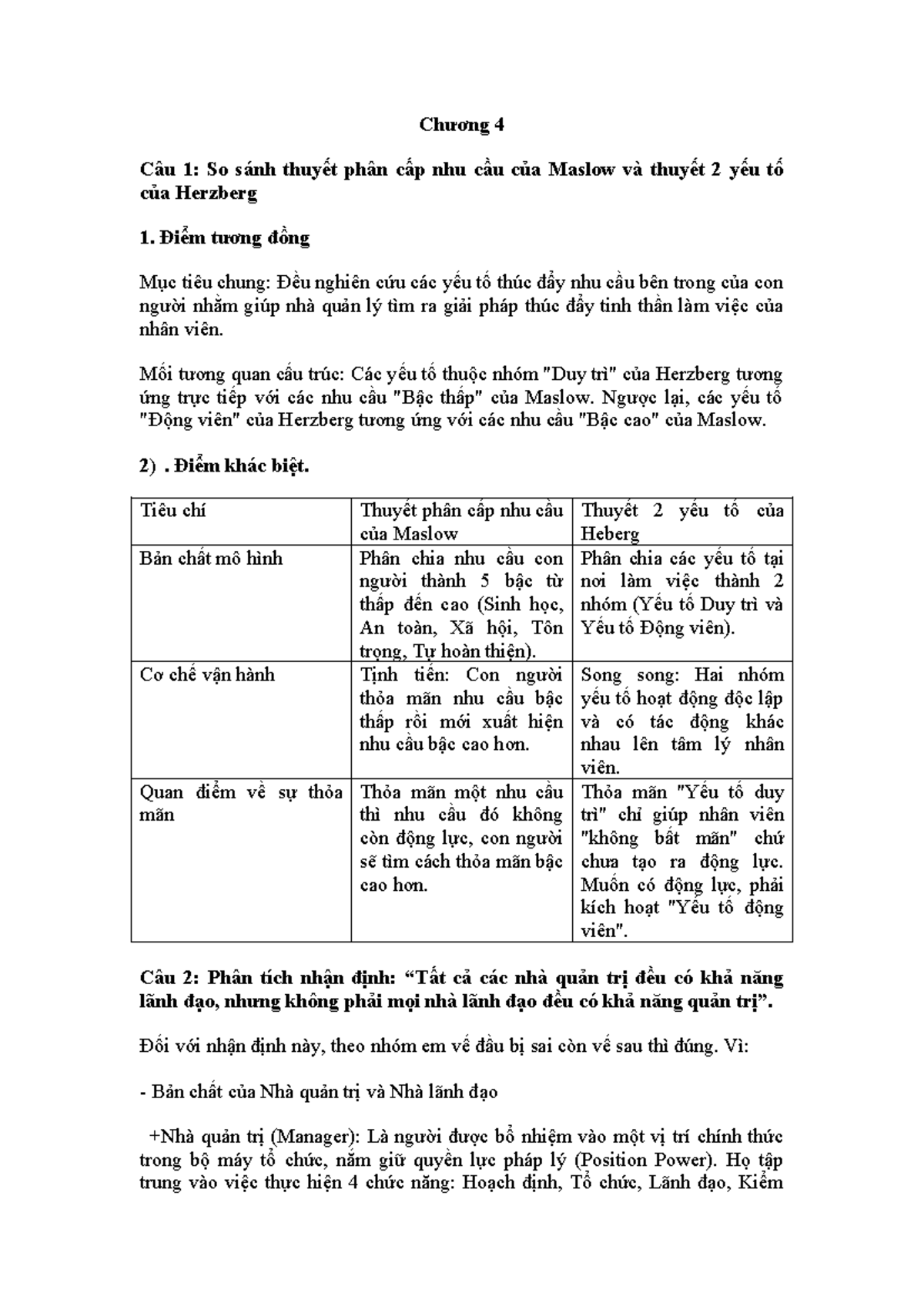 Chương 4 & 5: So sánh thuyết Maslow và Herzberg trong Quản trị - Studocu