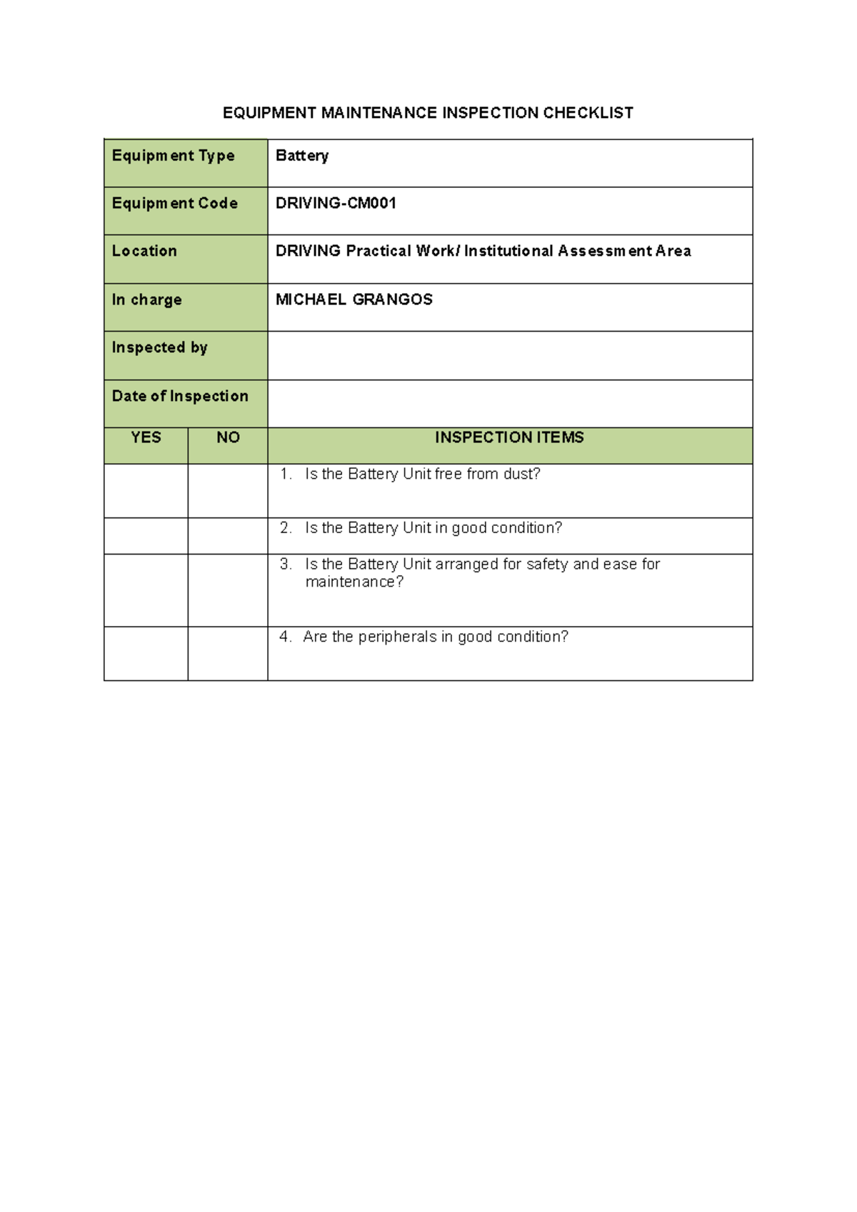 04 equipment inspection checklist - BSE major in English - EQUIPMENT ...