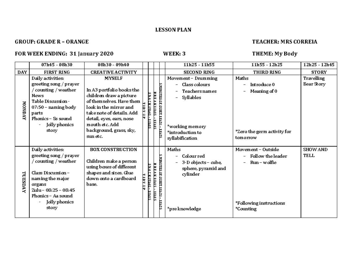 Grade R Daily Programme - Theme: My Body Lesson Plan - Studocu