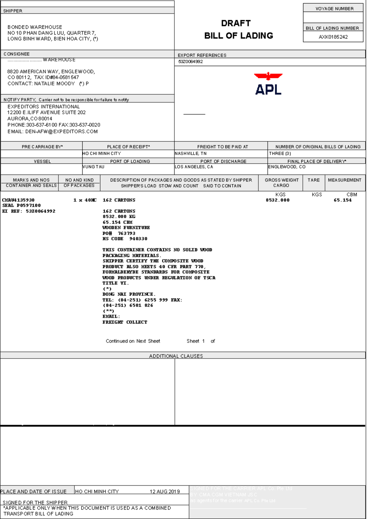 BILL OF LADING: CMA CGM THAMES - EXPORT DETAILS & TERMS - Studocu