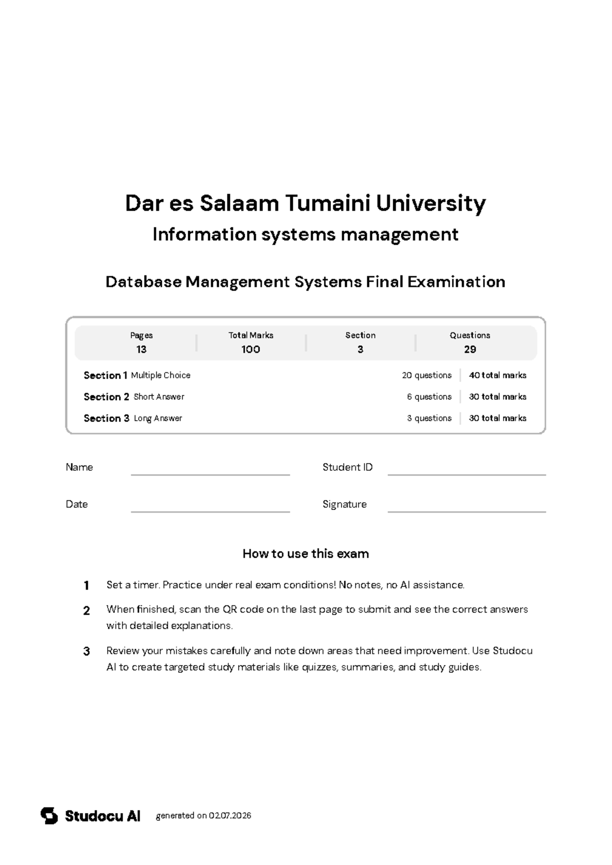 Database Management Systems Final Exam - Studocu