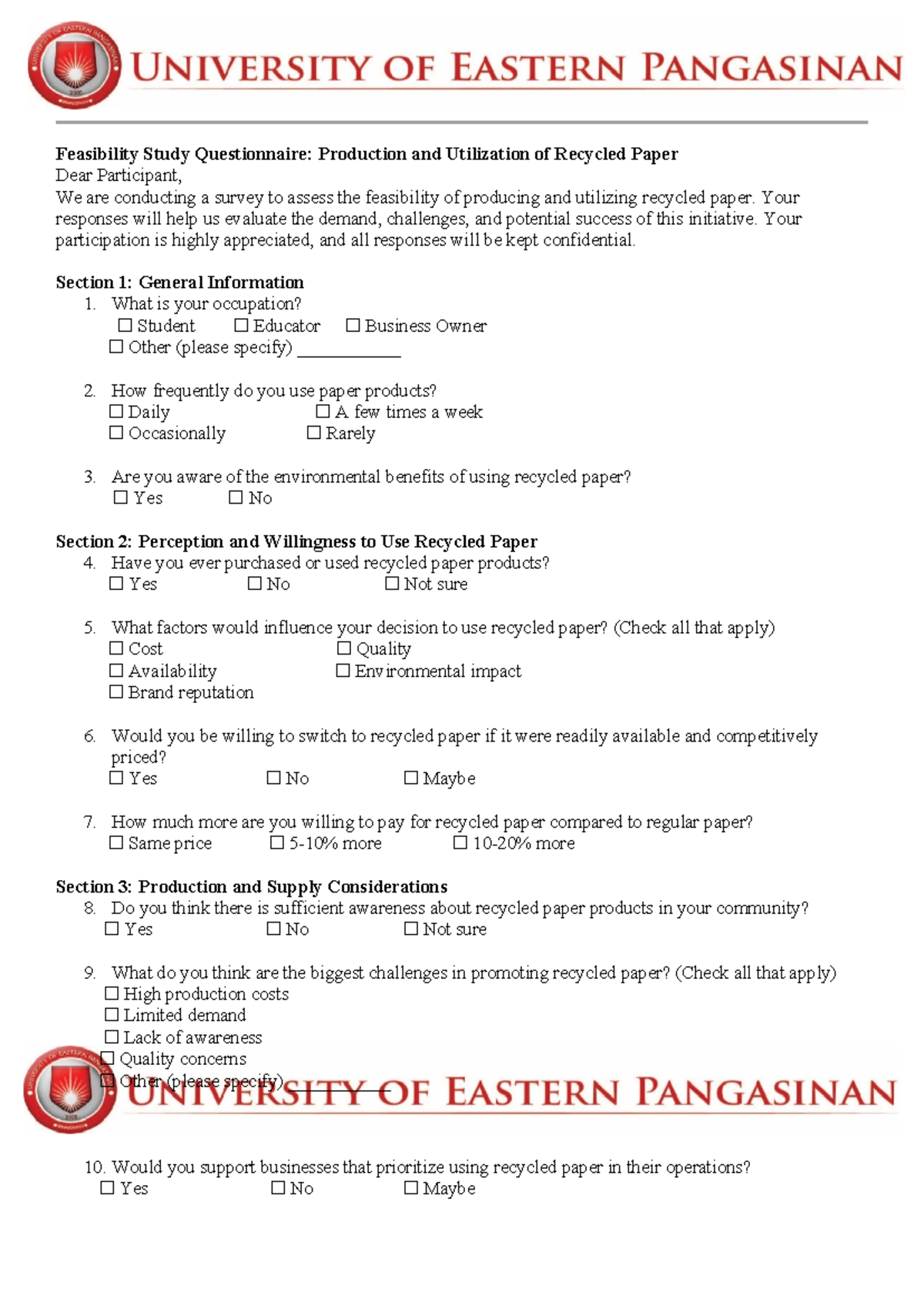 Feasibility Study Questionnaire on Recycled Paper Production - Studocu
