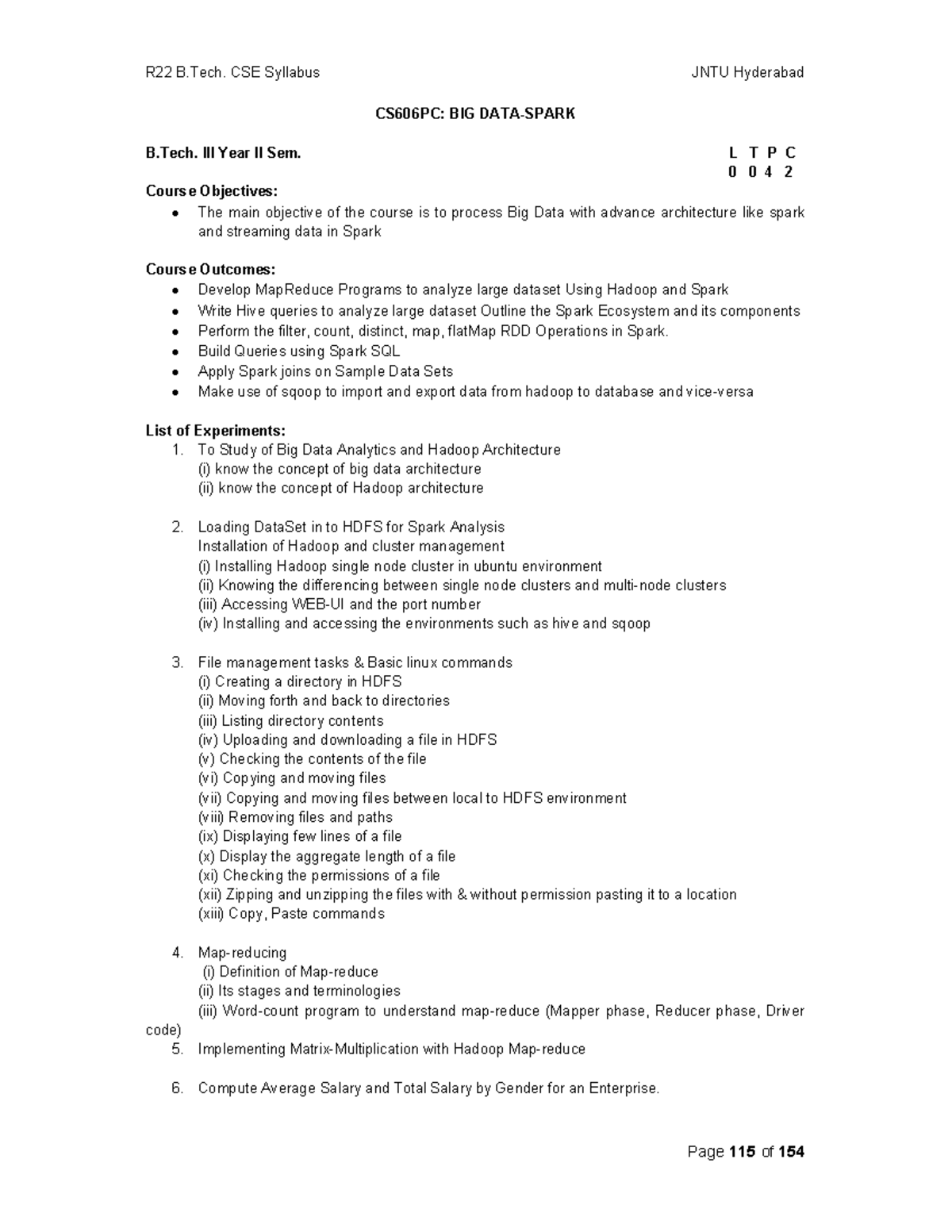 CS606PC: Big Data - Spark Lab Syllabus and Experiment Overview - Studocu