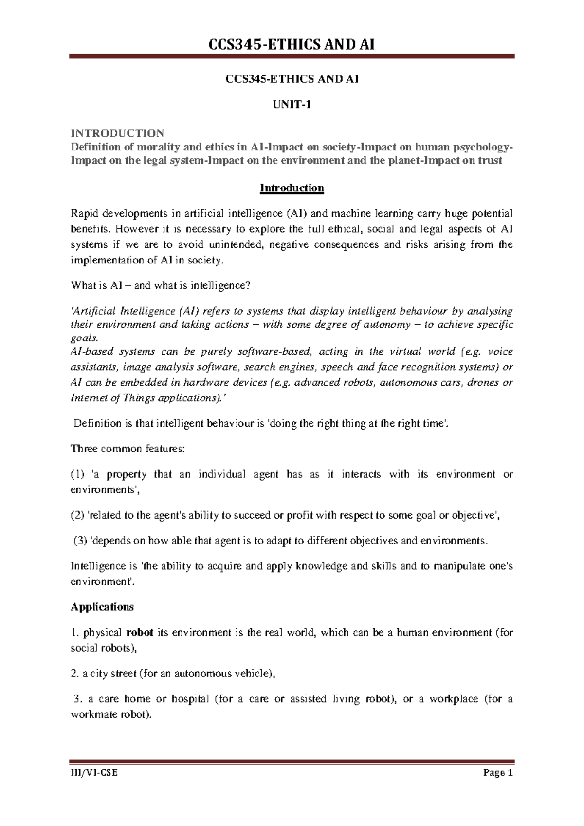 744335461 Unit 1 Lecture Notes: Ethics in AI - Impacts & Considerations ...