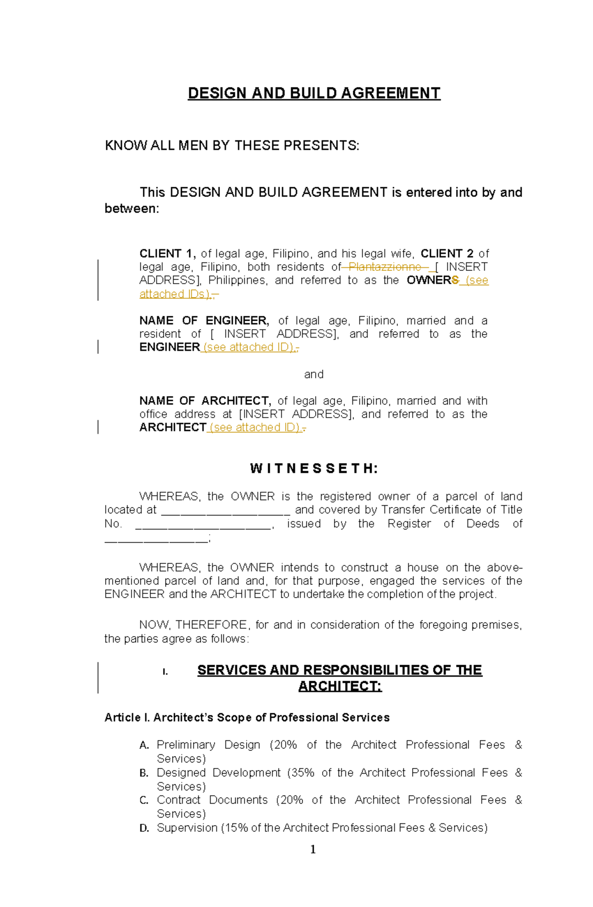 Design and Build Contract Template: Agreement for Construction Services ...