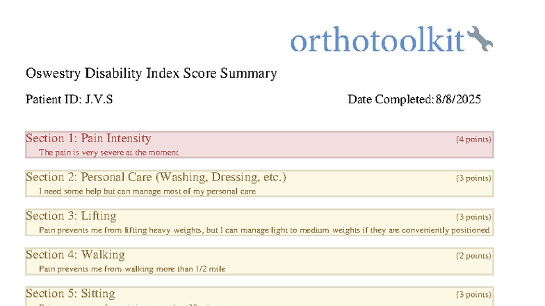 Ortho Tool Kit: Oswestry Disability Index Score Summary - Studocu