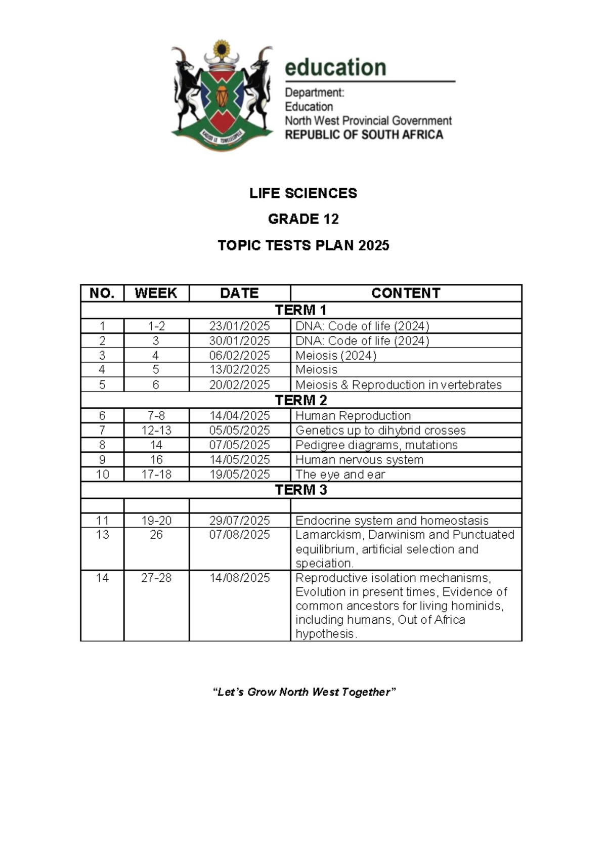 Grade 12 Life Sciences Topic Test Plan 2025: Weekly Breakdown - Studocu