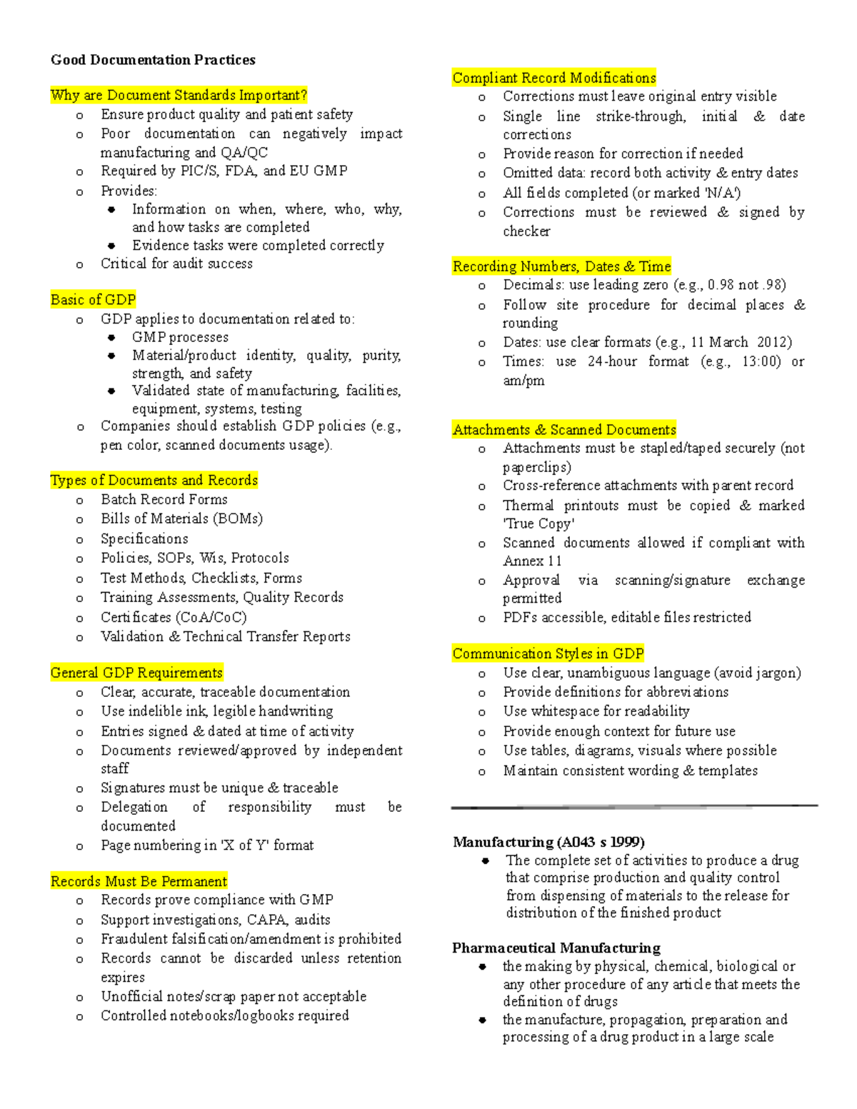Manufacturing (A043) Midterm Notes: Good Documentation Practices - Studocu