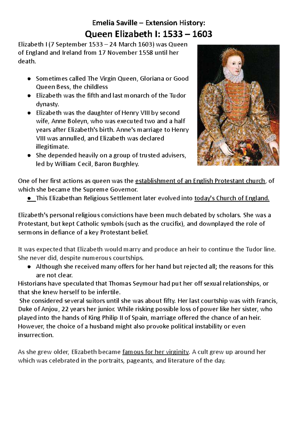 Elizabeth I: A Study of Her Reign and Legacy (HIST 101) - Studocu