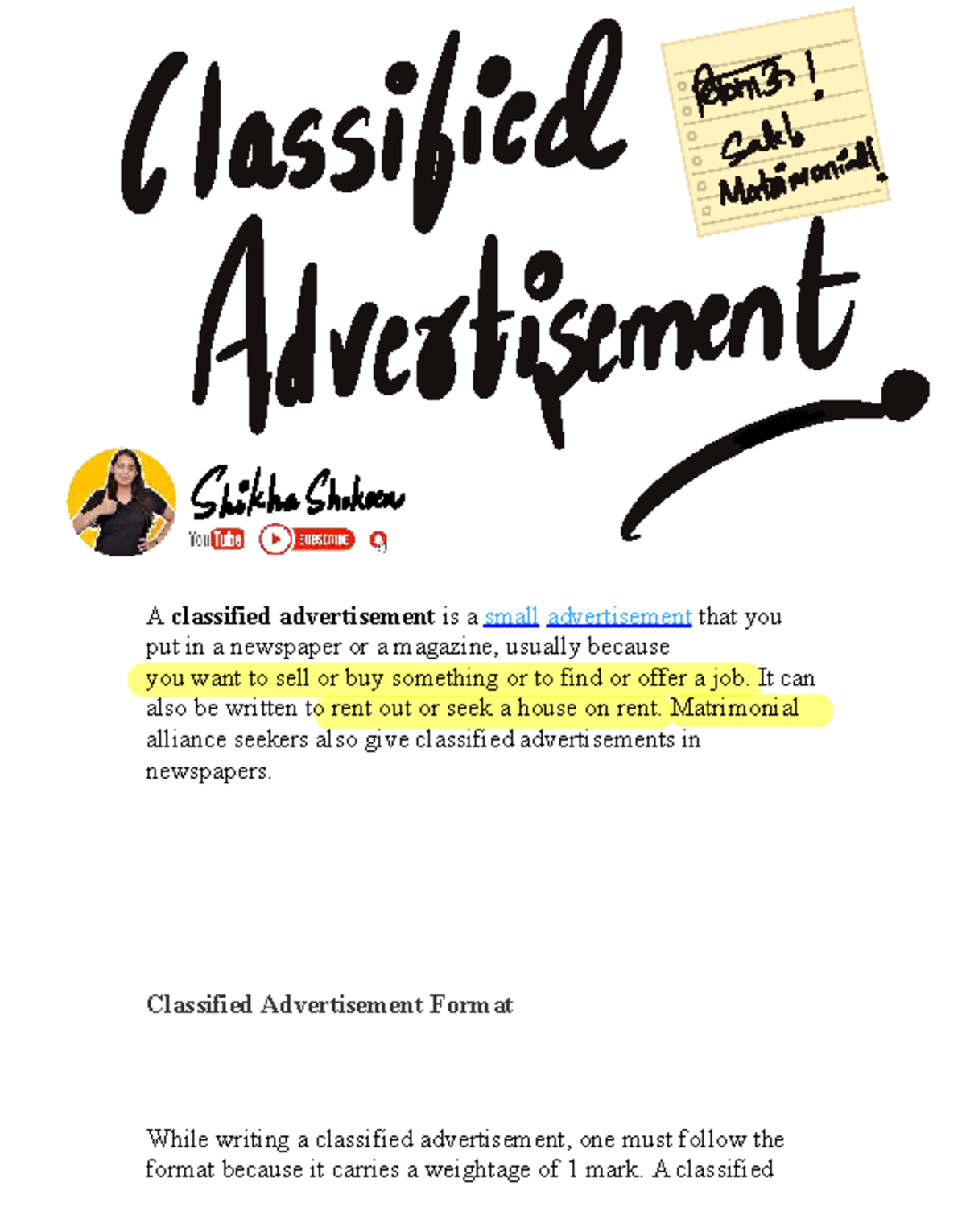 Classified Advertisements: Formats and Examples (CBSE) - Studocu