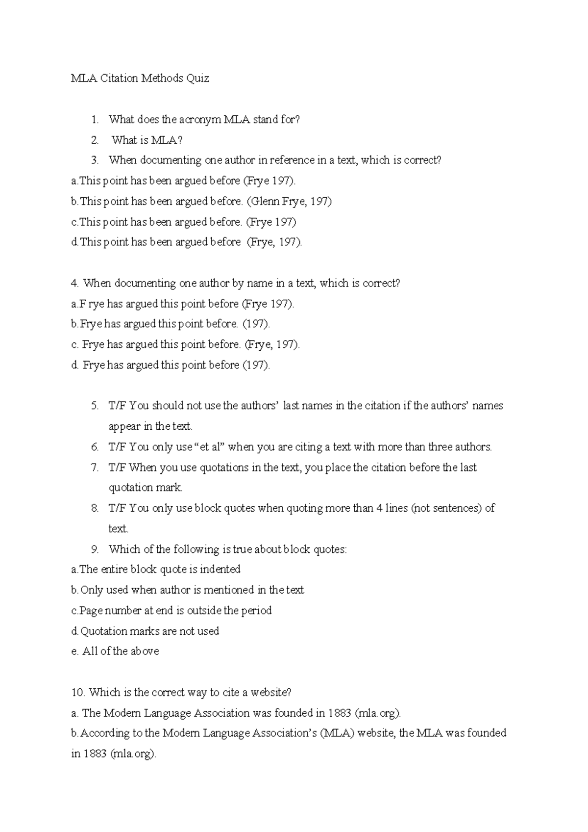MLA Citation Methods Quiz - Key Concepts and Practice Questions - Studocu