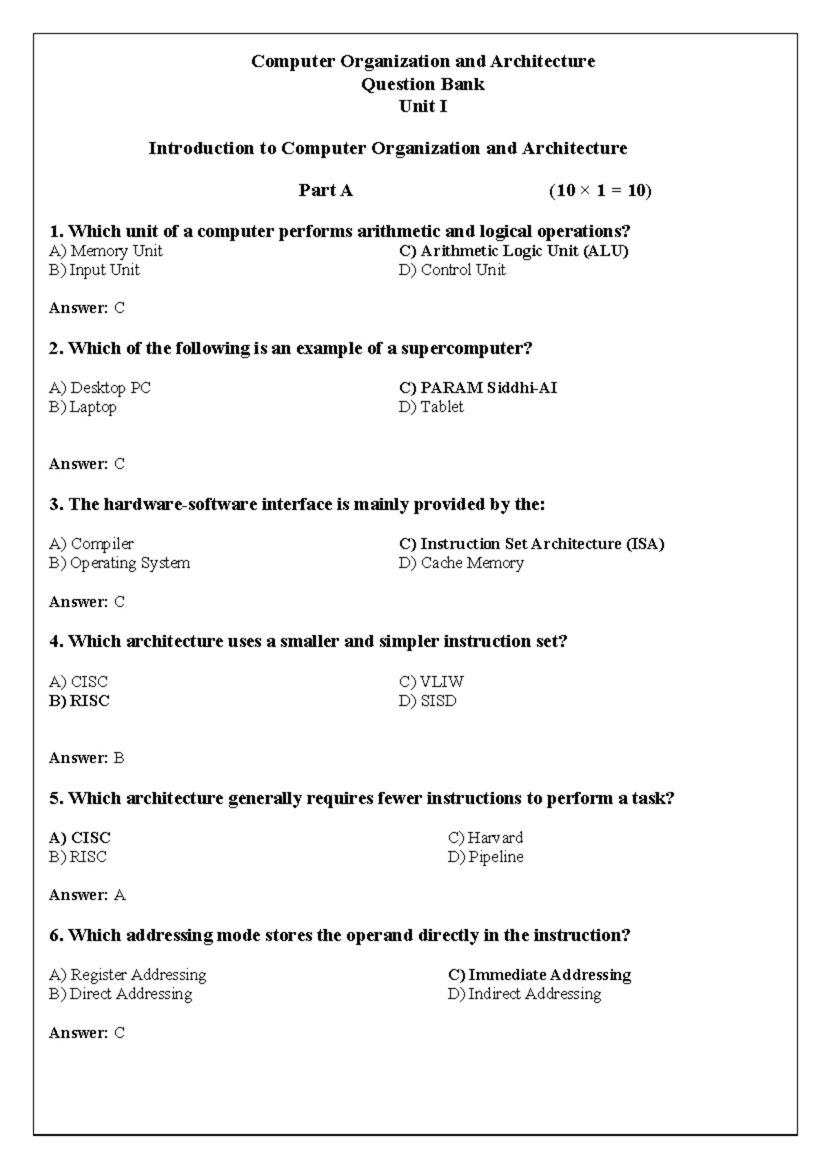 Computer Organization and Architecture Question Bank - Unit I to VI ...