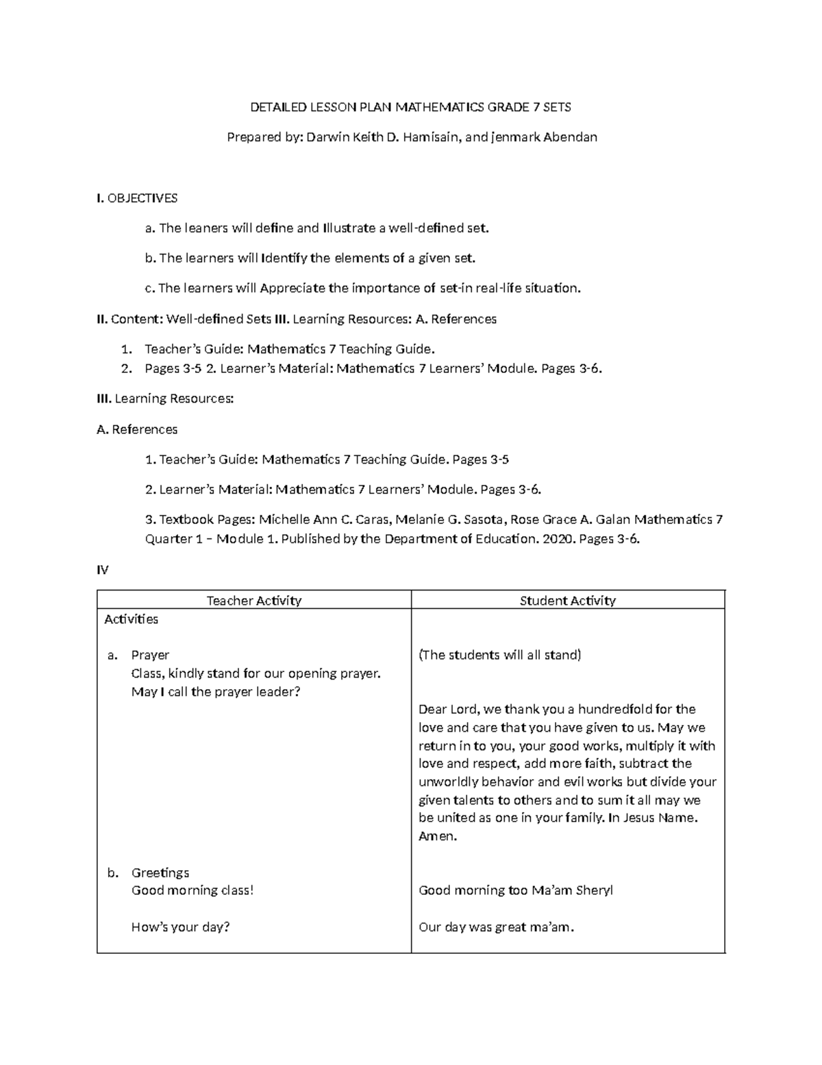 Thesis LP - lesson plan about set - DETAILED LESSON PLAN MATHEMATICS ...