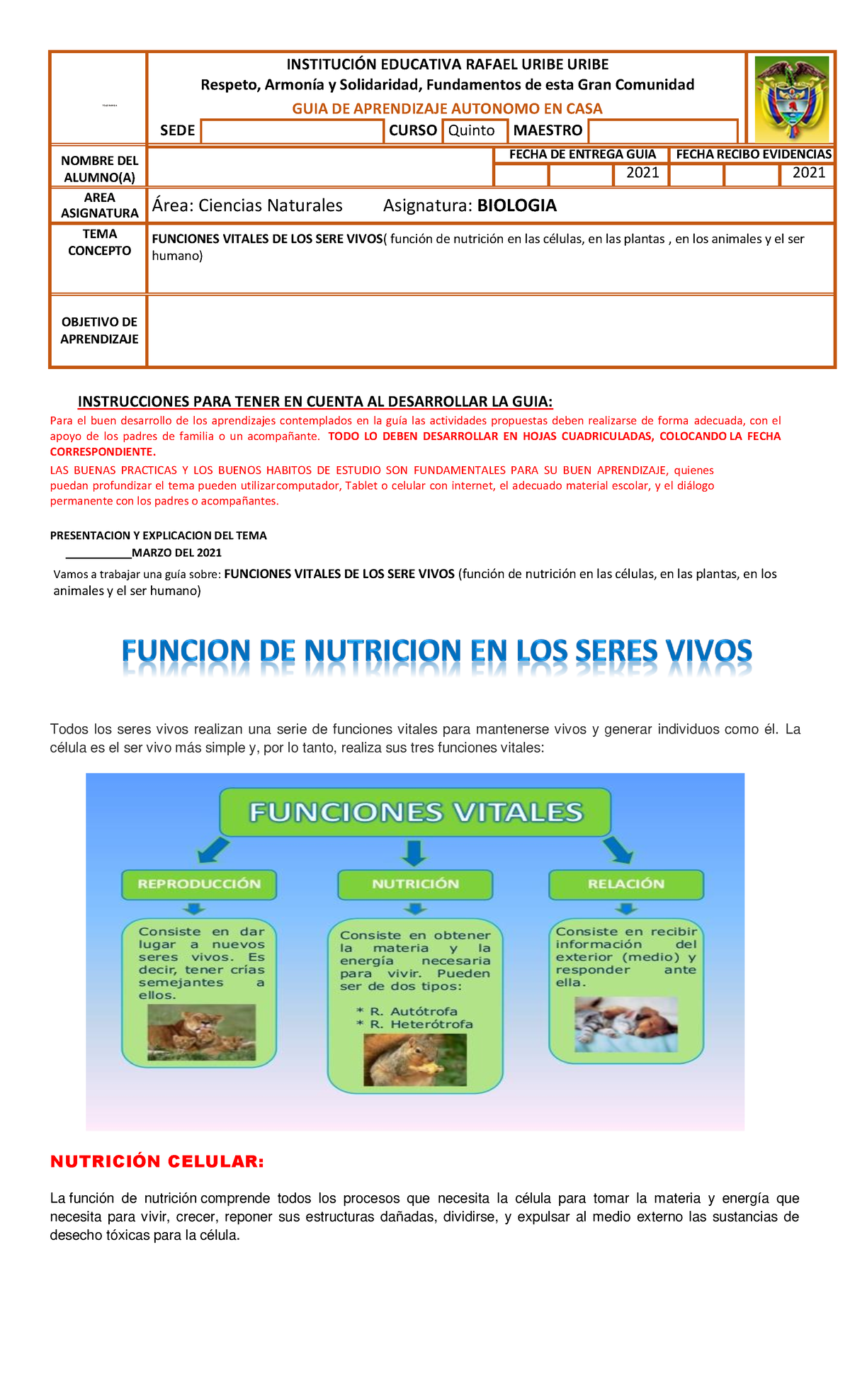 GUIA 2 Funcion DE Nutricion EN LOS Seres Vivos 5 - **TOLE R A N CI A* ...