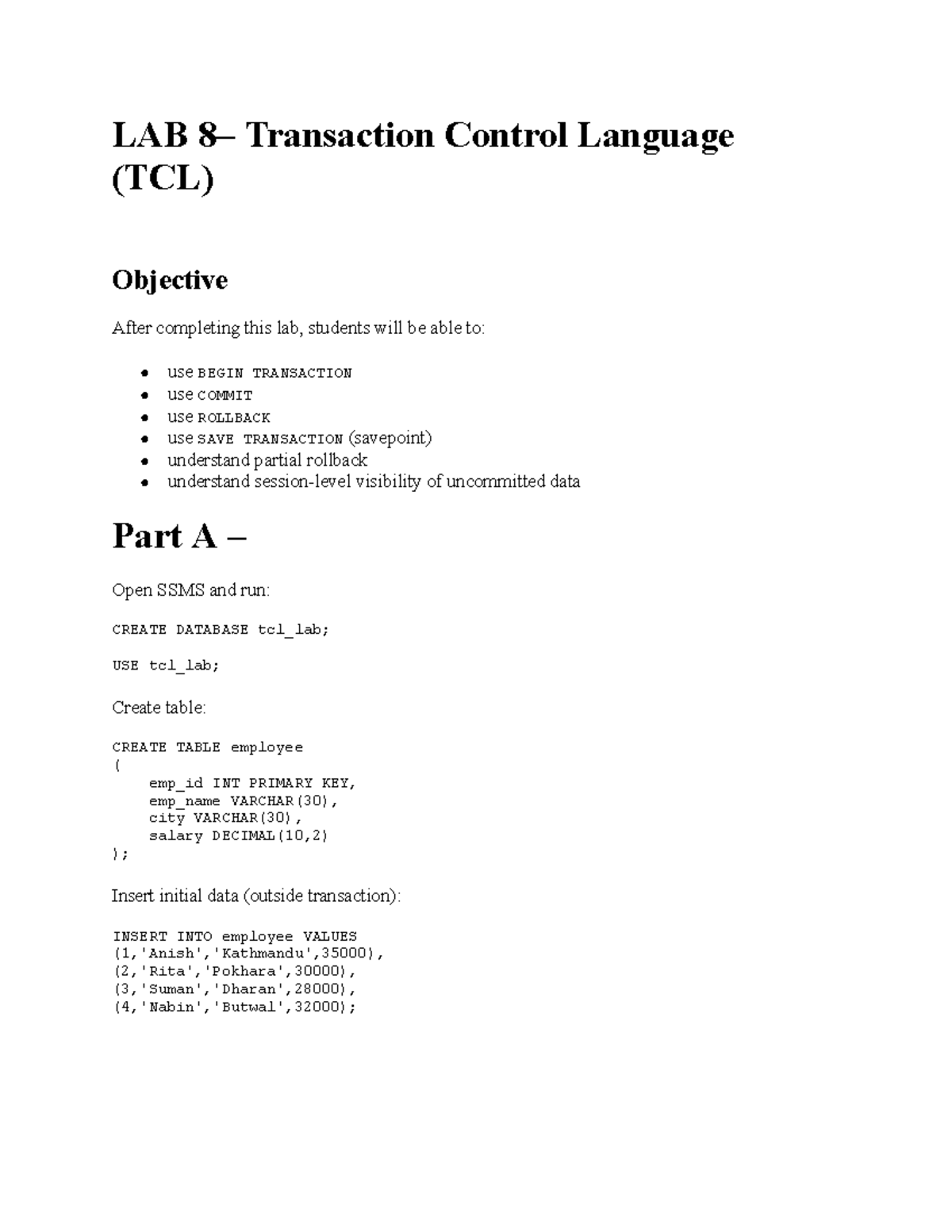 LAB TCL: Transaction Control Language Exercises and Observations - Studocu