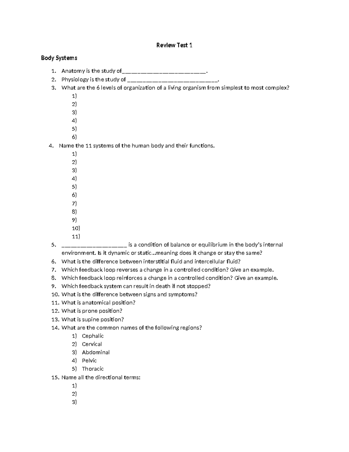 Human Body Systems Review - Anatomy & Physiology Test 1 Notes - Studocu