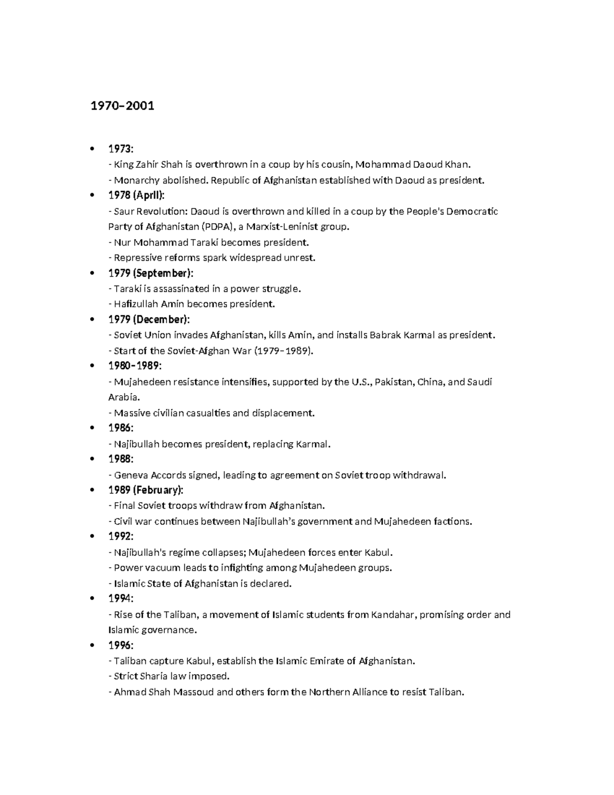 Afghan History Timeline: Key Events from 1973 to 1996 - Studocu