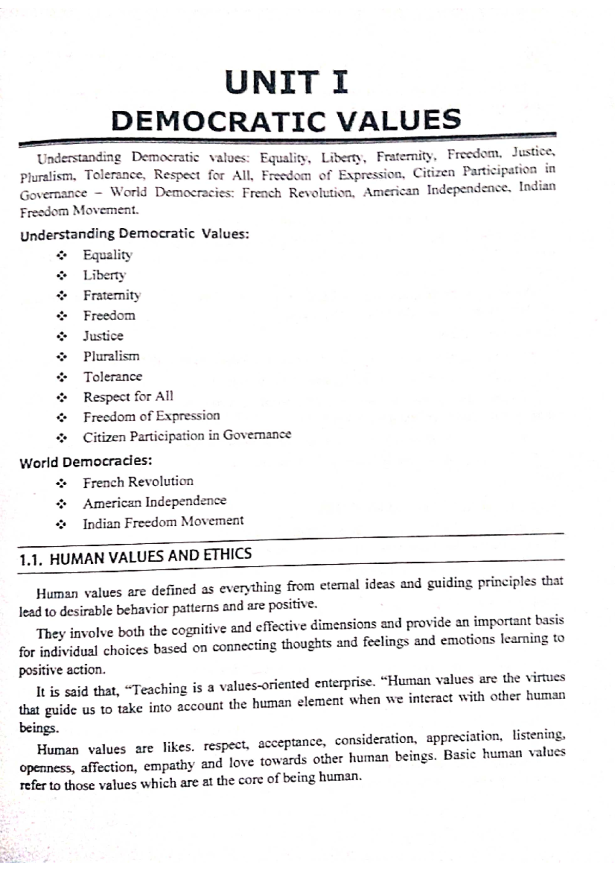 Human values and ethics unit 1 - UNIT I DEMOCRATIC VALUES Understanding ...