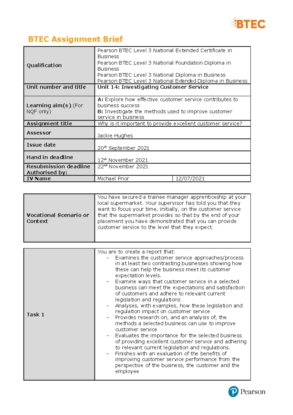 Unit 14 assignment 01........ - BTEC Assignment Brief Qualification ...