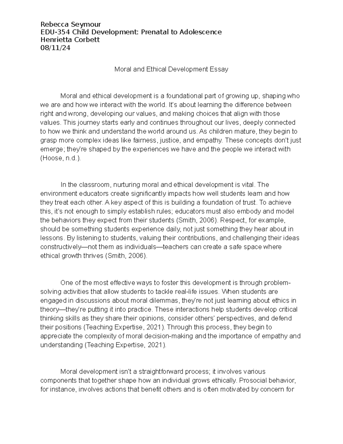 EDU-354 Final Exam Essay on Moral and Ethical Development - Studocu
