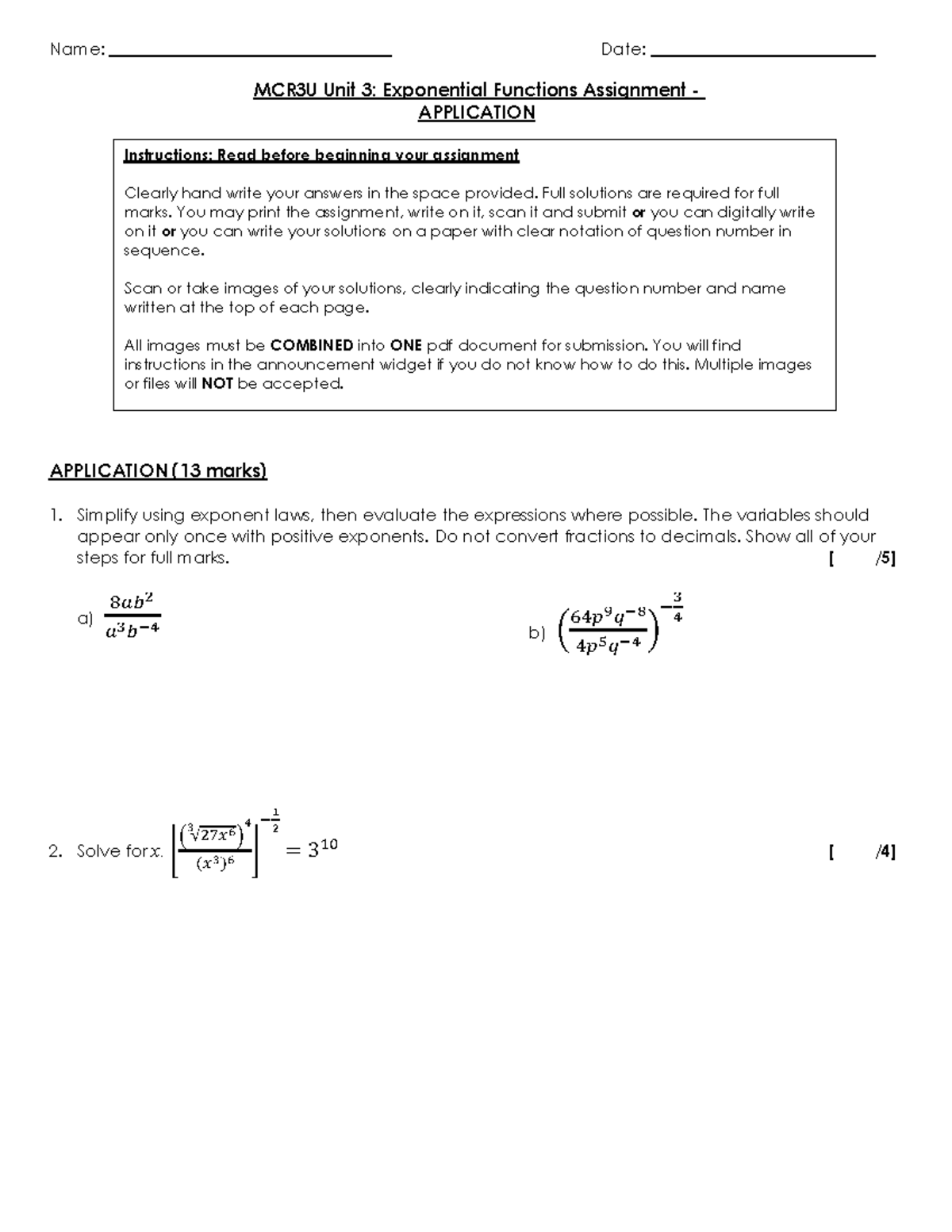 MCR3U Unit 3 Test - Exponential Functions Application and Evaluation ...