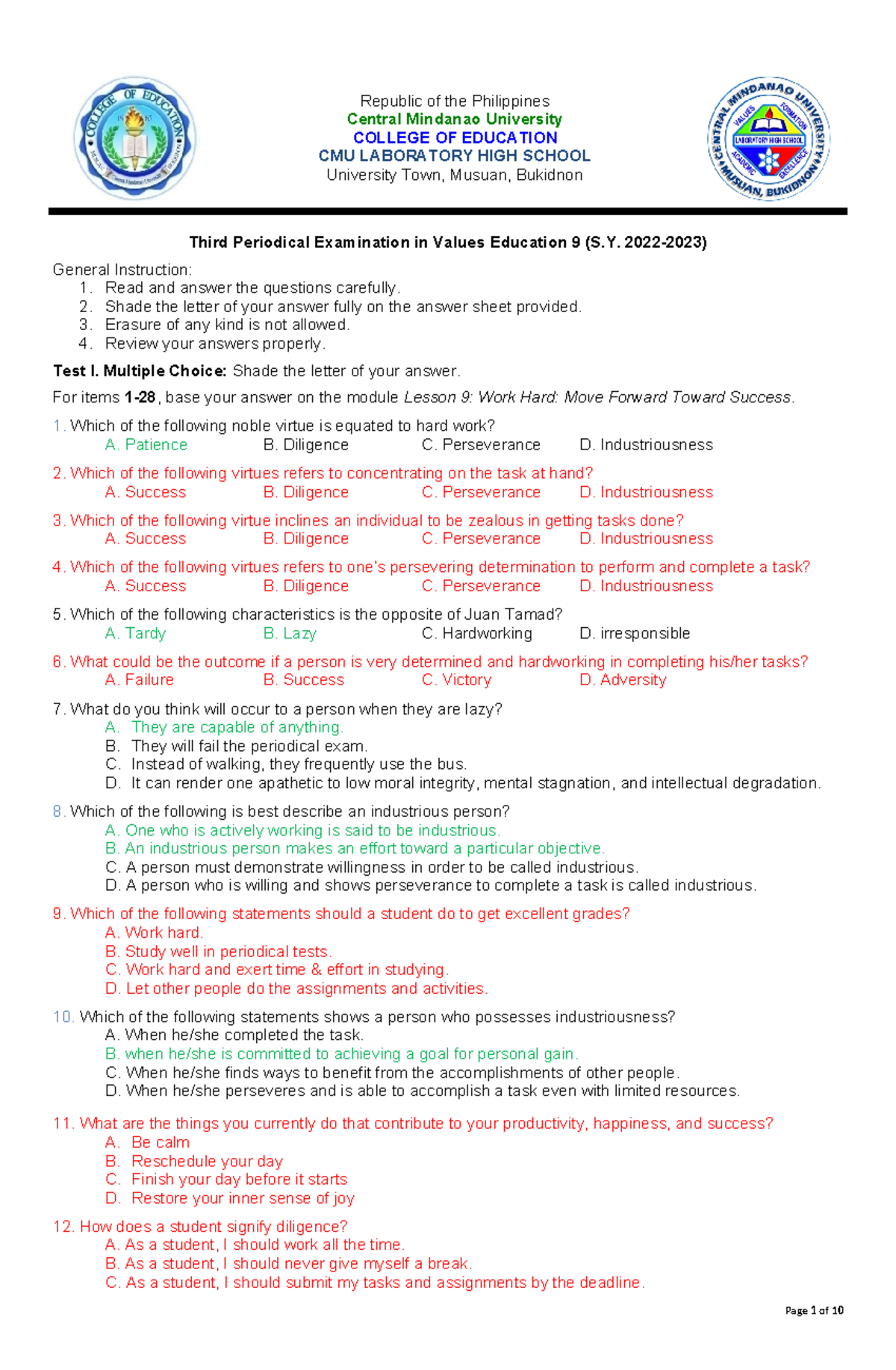Final Exam in Values Education 9: Revised Questions & Choices 2022-2023 ...