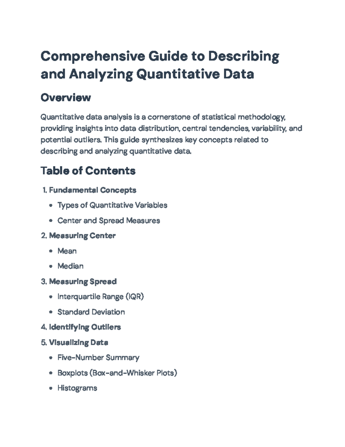 Guide to Describing and Analyzing Quantitative Data (Stat 101 ...