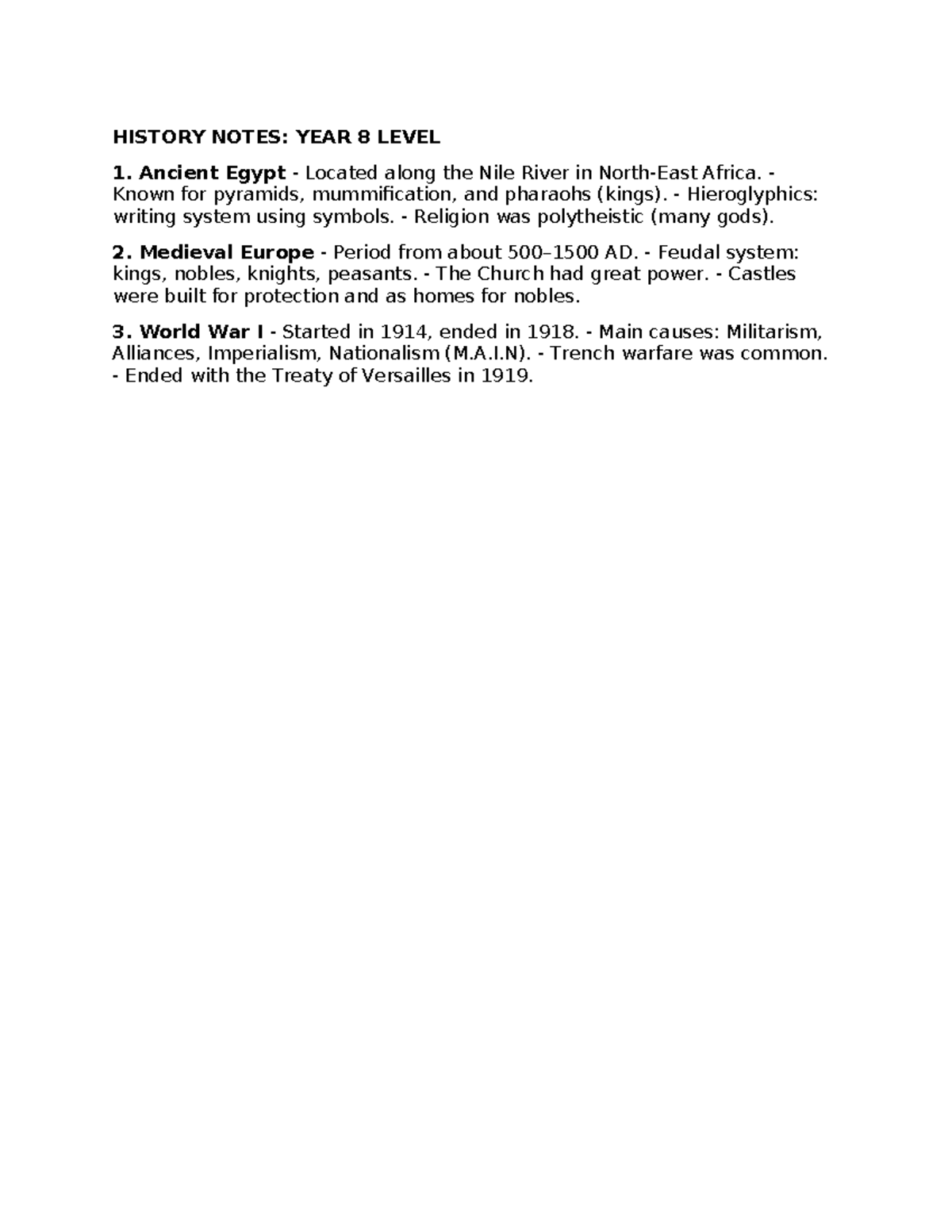 History Notes - Has all desprictions - HISTORY NOTES: YEAR 8 LEVEL ...