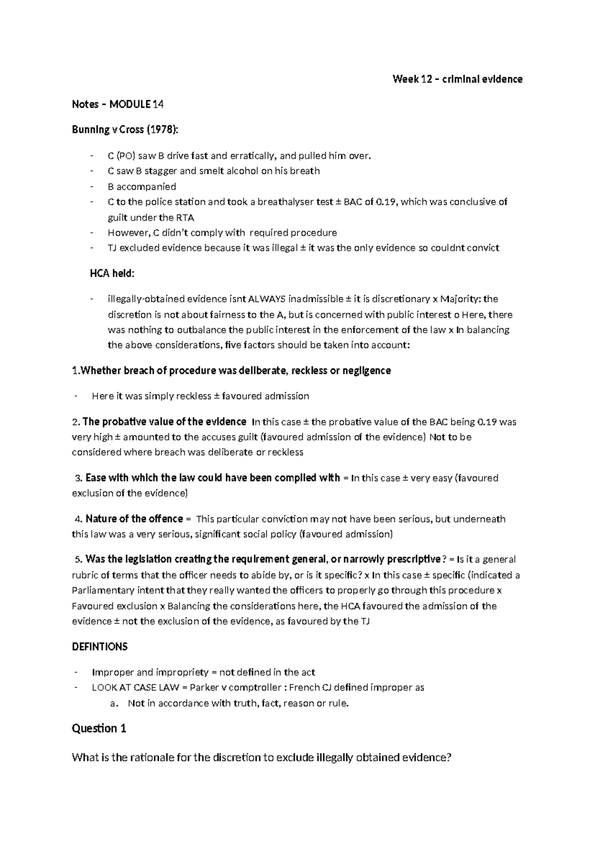 Week 12 Criminal Evidence Notes: Bunning v Cross (1978) Analysis - Studocu