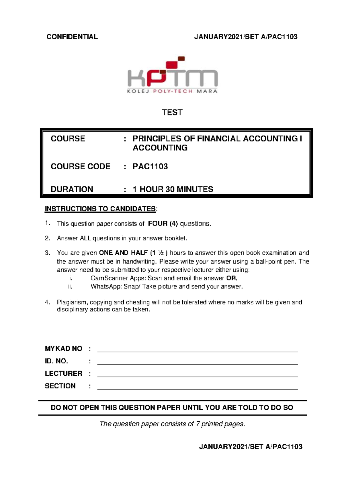 TEST NOV2020 PAC1103 QP SET A - JANUARY2021/SET A/PAC TEST INSTRUCTIONS ...