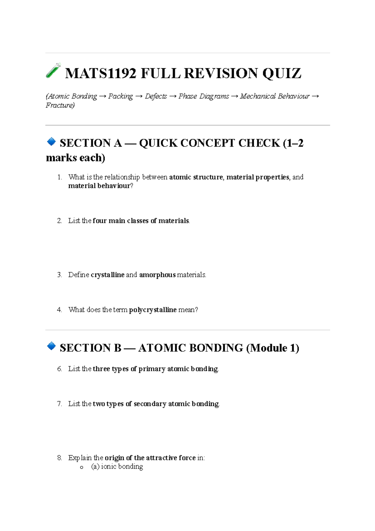 MATS1192 FULL REVISION QUIZ: Atomic Bonding & Mechanical Behaviour ...