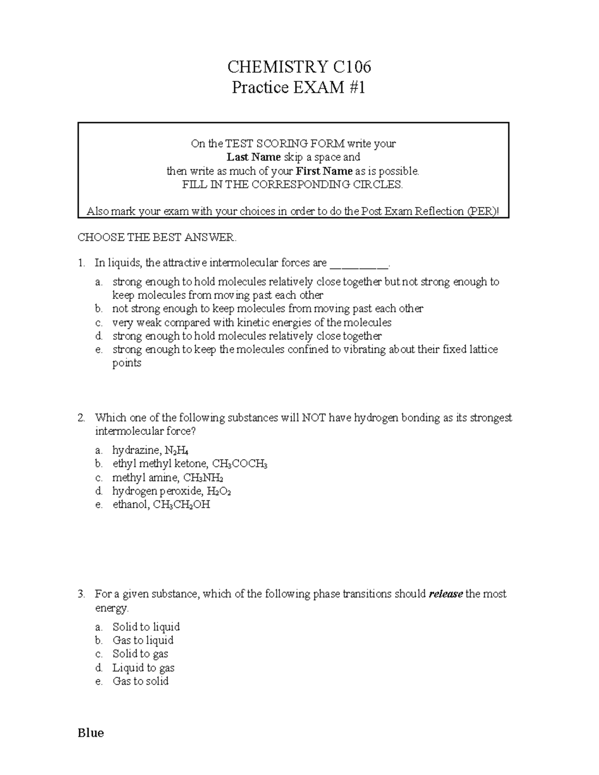 C106 Practice Exam 1: Intermolecular Forces & Phase Transitions - Studocu