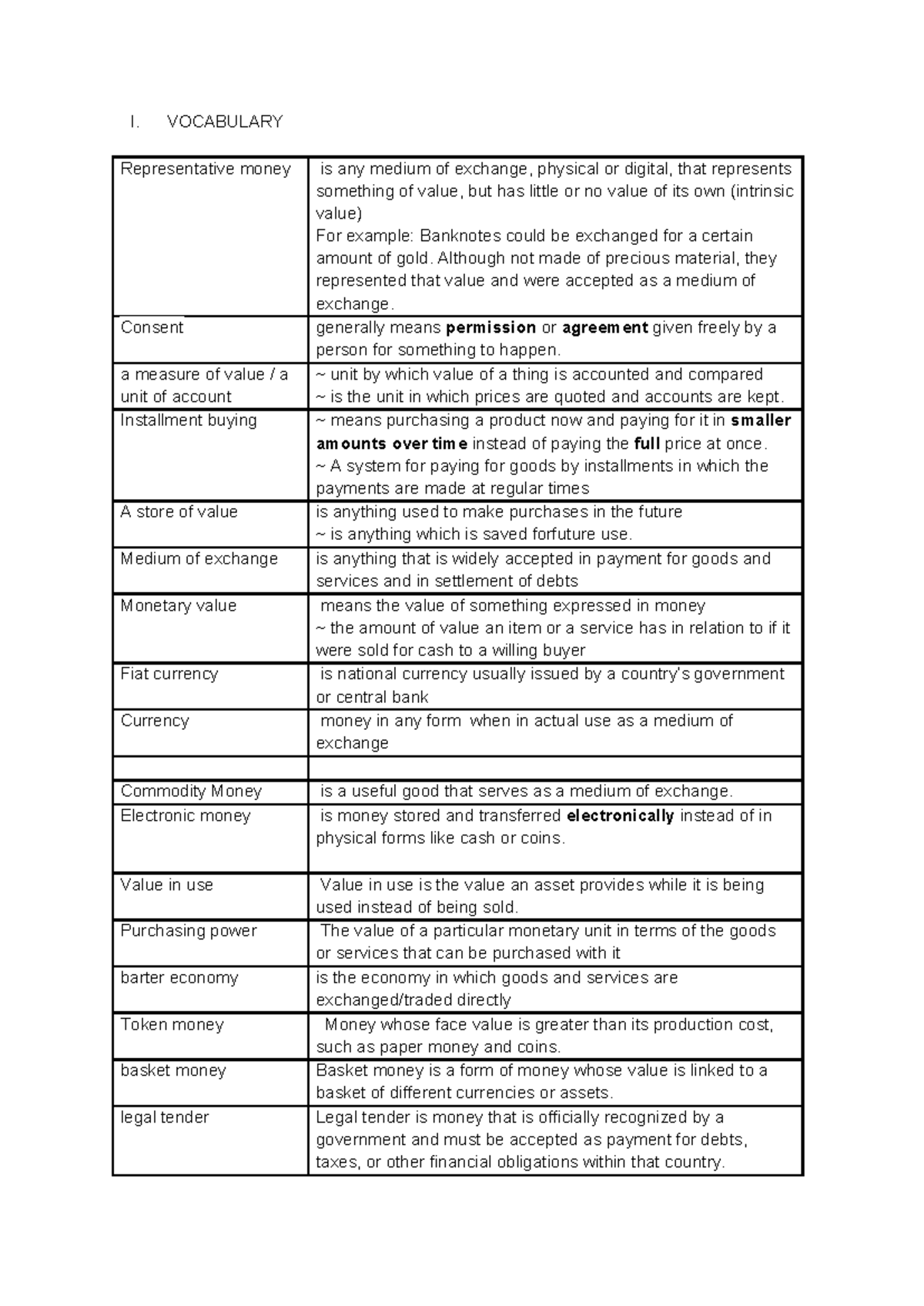 Unit 7 - Vocabulary and Functions of Money in Economics - Studocu
