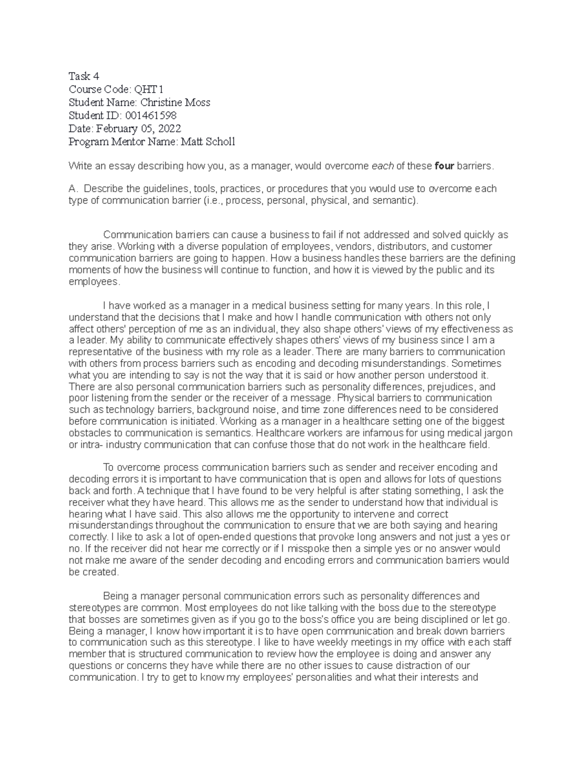 QHT1 Task 4 Business - Task 4 Course Code: QHT Student Name: Christine ...