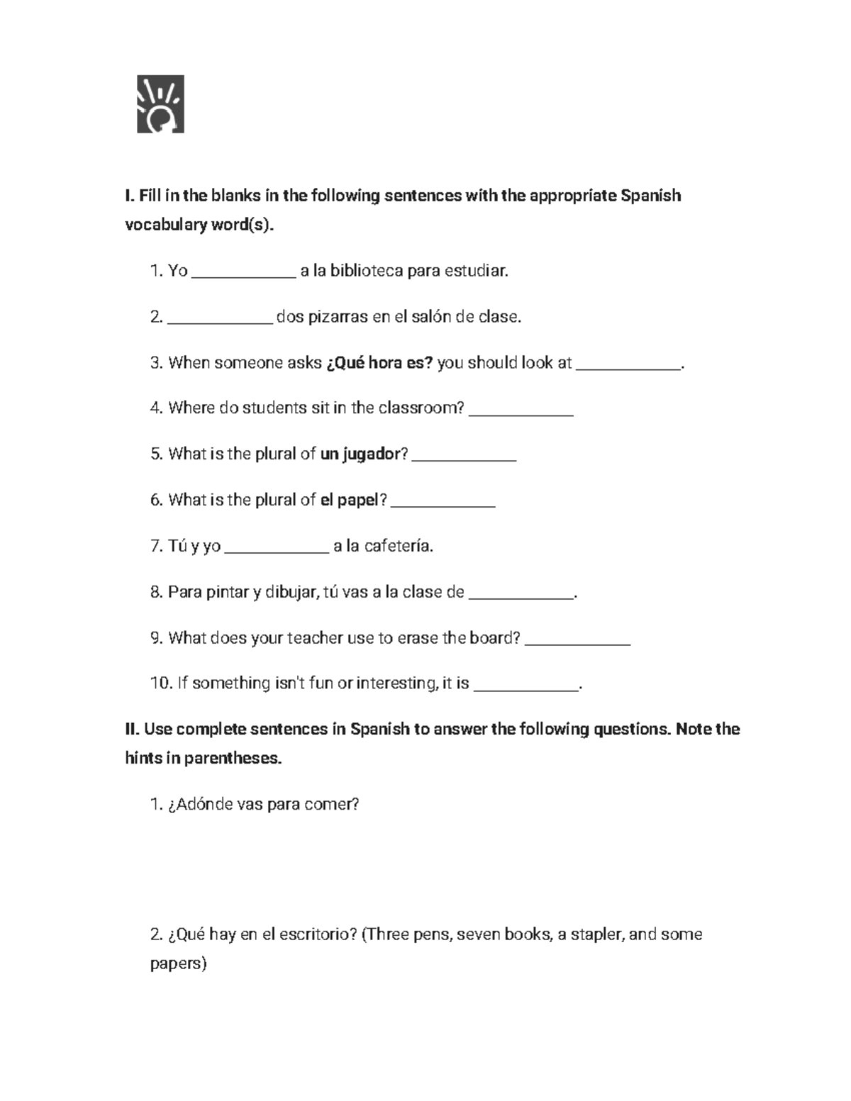 2.2.9 Practice - Spanish Vocabulary Fill-in-the-Blanks Assignment - Studocu